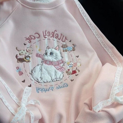 超好看粉色可爱小猫咪刺绣卫衣女秋冬加绒别致蕾丝边甜美圆领上衣