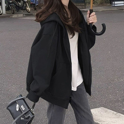 MJ黑色连帽卫衣女2026新款春夏新款小个子宽松慵懒风韩系外套上衣