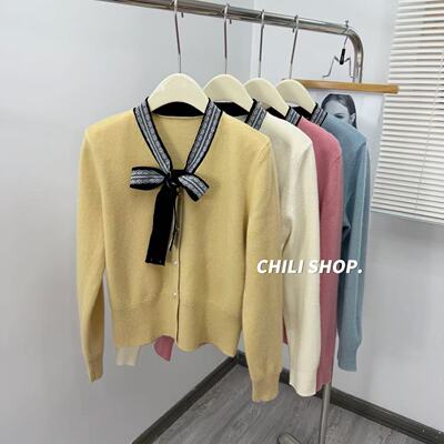 【英英Chili】撞色系带蝴蝶结V领韩系100全羊毛针织毛衣A 01.07
