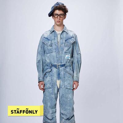 STAFFONLY 牛仔工装贴袋连体裤男女同款潮流口袋套装春夏新品