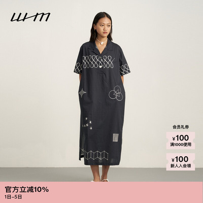 WHM印花薄棉布衬衫领短袖连衣裙