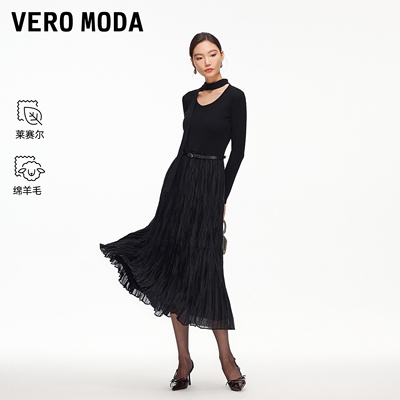 Vero Moda连衣裙2026春季新款含绵羊毛飘带腰带中长裙32617A003