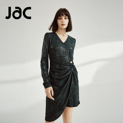JAC女装春裙子长袖中长收腰不规则连衣裙ADC190091