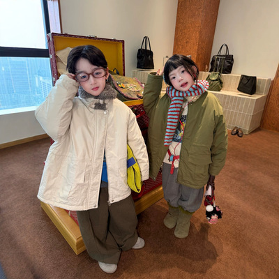 末小蒙童外套2026冬季男童女童宽松纯色毛领棉衣儿童加厚派克服