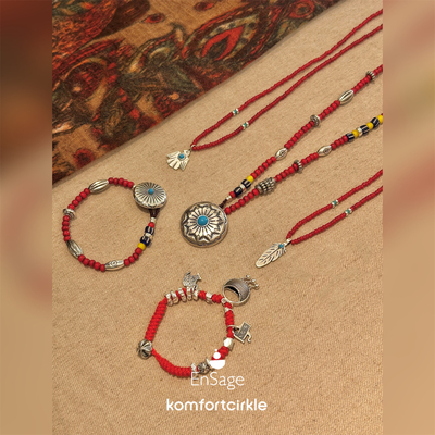 ENSAGE 纯银红琉璃珠项链复古串珠锁骨链气质毛衣链手工高级手链