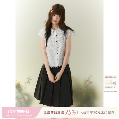 ECHOSTA波点抽褶娃娃领双领修身短袖衬衫黑色百褶裙A字裙两件套