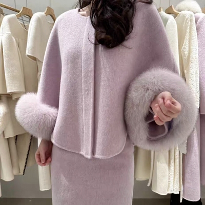 2025秋冬韩国东大门气质名媛斗篷双面羊毛呢大衣外套半裙两件套装