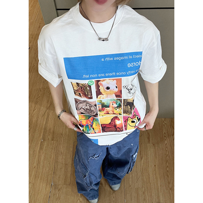 【指鹿为马】美式春夏T恤复古小众街头九宫格短袖马年小领口宽松