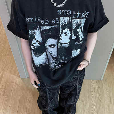 【复古朋克】复古做旧水洗黑色短袖t恤竹节棉美式嘻哈痞帅炸街