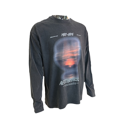 【日落唯美】高街简约240G洗水黑美式小领口打底宽松版型长袖T恤