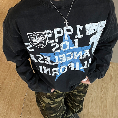 【街头五星】美式休闲设计感小领口宽松字母印花长袖T恤hiphop潮