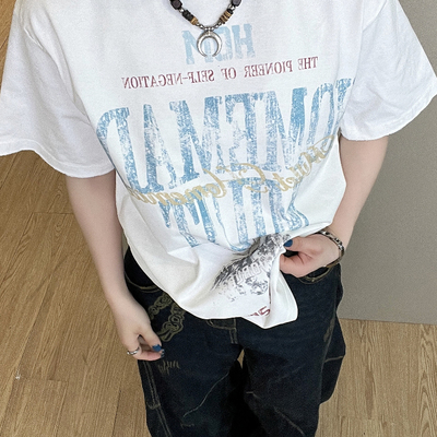 【Lex字母】美式纯棉设计感小领口宽松印花短袖T恤情侣英文字母