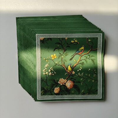 枝头花鸟满版印花绿色纸巾Green Floral Luncheon Dinner Napkins