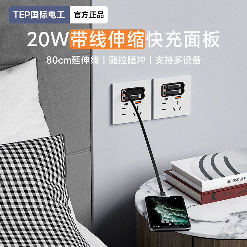 国际电工家用墙壁86型20W快充USB插座开关面板带伸缩数据线Type-c