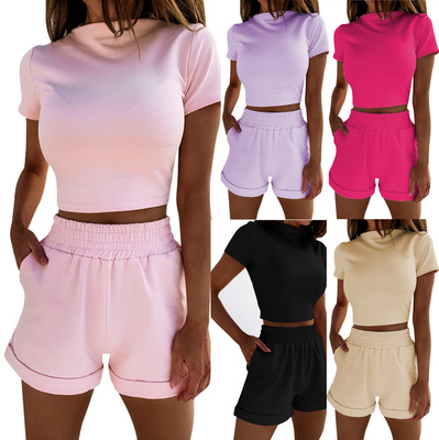 Women's cropped short sleeved and shorts two-piece set两件套