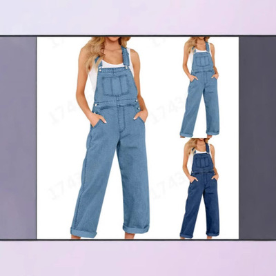 Large casual loose women's denim overalls大码女士牛仔背带裤