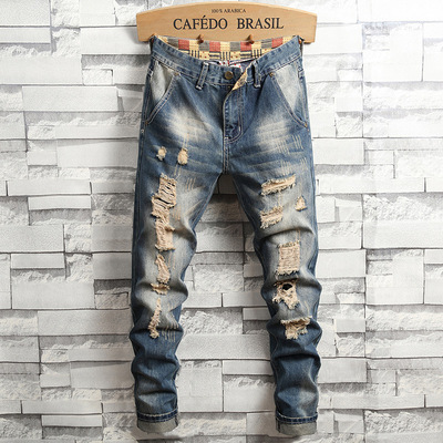 Men's retro ripped washed denim jeans复古水洗牛仔裤男破洞