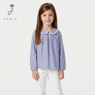 Jacadi亚卡迪女童法式娃娃领条纹衬衫2026春新品纯棉长袖上衣衬衣