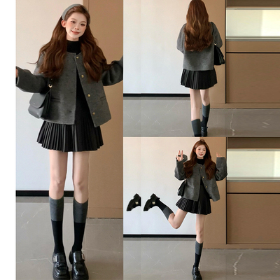 黑色毛呢高腰显瘦百褶A字短裙