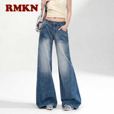 RMKN美式复古深蓝色低腰水洗蓝喇叭牛仔裤女显瘦垂坠感微喇拖地裤