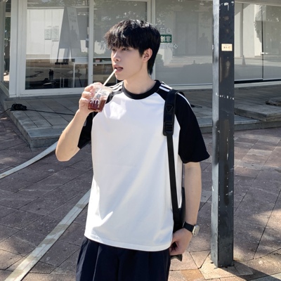 简约插肩条纹拼色短袖T恤男夏季