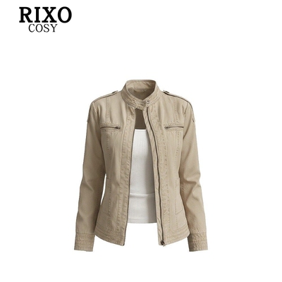 RIXO COSY美式立领短款长袖夹克外套女秋修身百搭卡其色拉链上衣