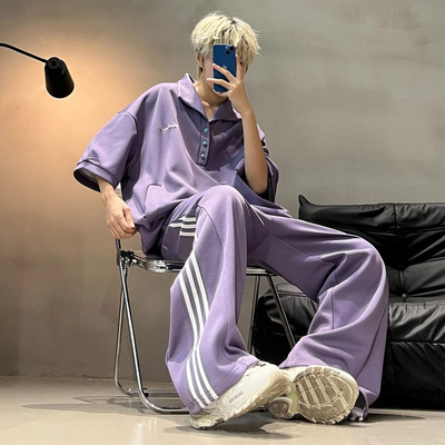 三条杠运动套装男女夏季翻领设计师款情侣polo衫短袖长裤t恤一套