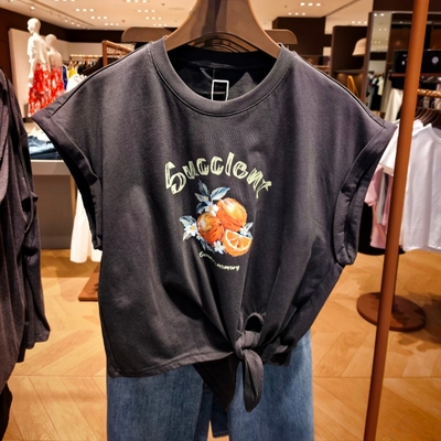 VM NY NB UR2026春时尚百搭圆领水果字母印花短袖绑带T恤衫上衣女