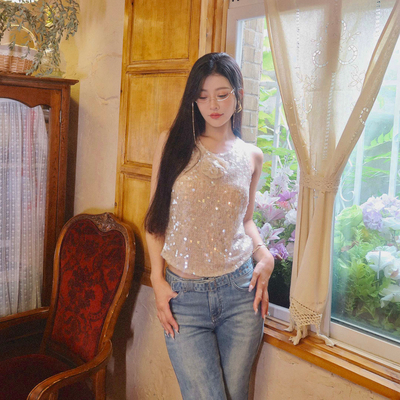 5折清货现货For love & Lemons美国品牌限量亮片裸色玫瑰背心上衣