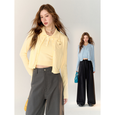 AsGony 25ss 少女感蝴蝶结金属标针织小开衫马甲两件套 香蕉裤