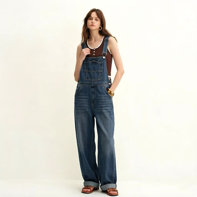 【恩佳专享】深蓝色减龄牛仔背带裤女3092