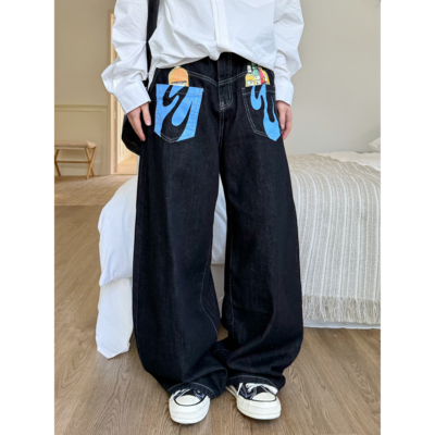 复古痞帅黑色酒瓶印花阔腿牛仔裤