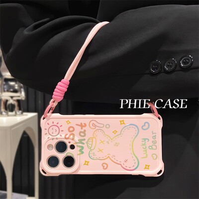 iPhone14四角开孔苹果13ProMax斜挎手腕挂绳OPPOReno12适用16防摔透明15plus手机壳软红米TURBO4LG渐变小熊a5