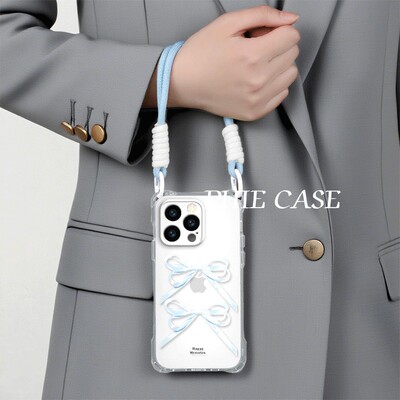 华为Pura80小清新苹果17防摔15plus手机壳软iPhone14四角开孔13ProMax透明蓝色蝴蝶结16斜挎手腕挂绳12适用a5