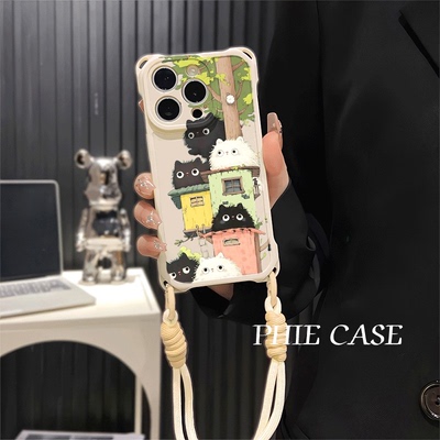 OPPOFindx8斜挎手腕挂绳14防摔15plus手机壳软12ProMax适用y500书屋黑白猫iPhone17四角开孔13透明苹果16创意