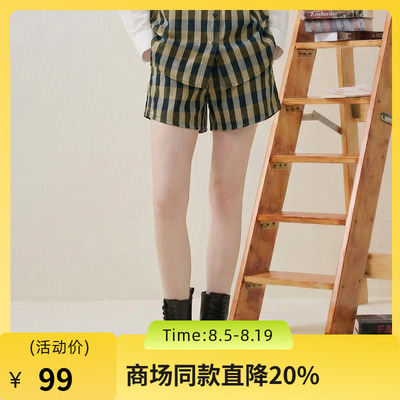 谜底格纹短裤女2025夏新款复古文艺百搭松紧腰宽松裤子256MK6271