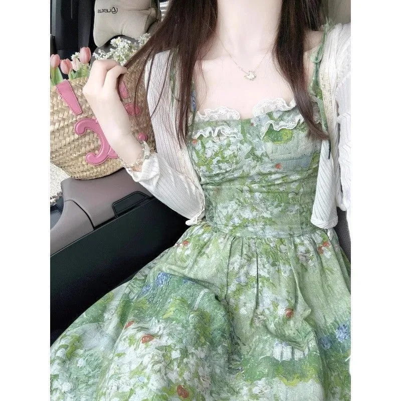 夏季新款韩系名媛法式风碎花甜美休闲连衣裙中长款女蕾丝显瘦裙子