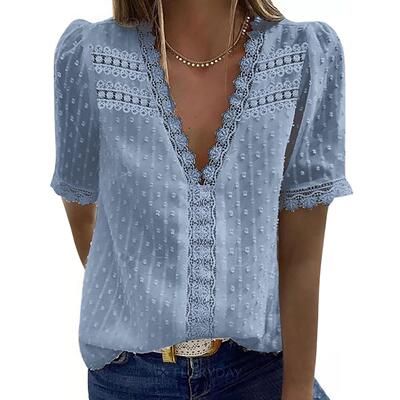 Solid V-neck Jacquard Short Sleeve Top女纯色V领提花短袖上衣
