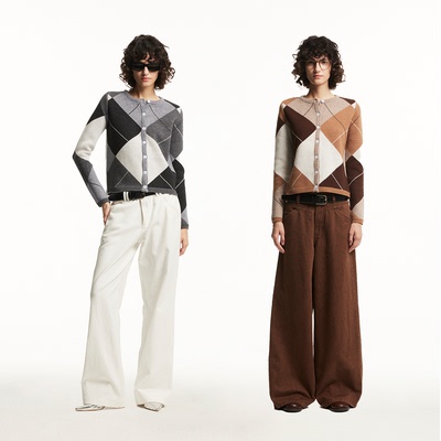 1747 澳州美利奴100%纯羊毛菱形格纹复古老钱圆领修身开襟毛衣