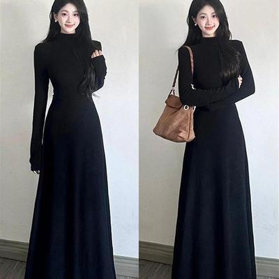 胖mm大码2-300斤赫本风半高领长袖连衣裙女秋冬季修身显瘦打底裙