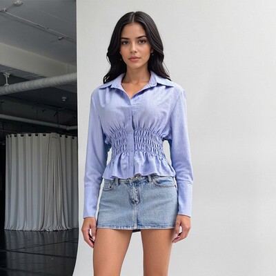 气质立领条纹衬衫上衣