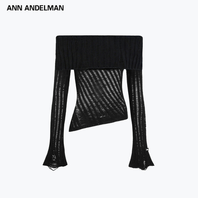 露肩一字领不规则做旧长袖针织衫