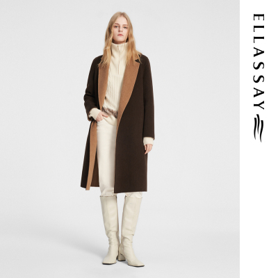 ELLASSAY歌力思秋季新款拼色设计复古棕咖毛呢外套女EWE354D07300