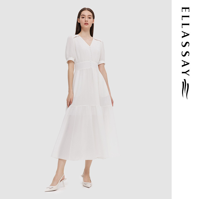 ELLASSAY歌力思春夏新款法式温柔小白裙V领连衣裙女EWD352Y05000