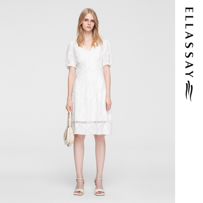 ELLASSAY歌力思夏季新款得体温柔白色短袖连衣裙女EWW352Y06100