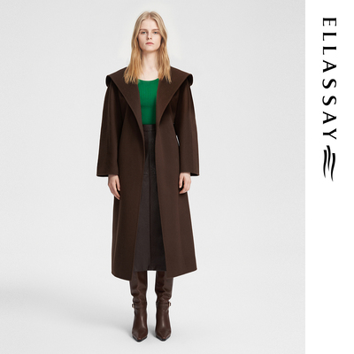 ELLASSAY歌力思秋冬新款绵羊毛复古连帽领毛呢外套EWB354D01700