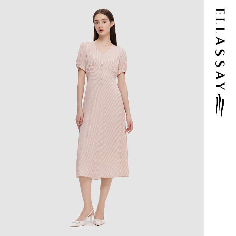 ELLASSAY歌力思春夏新款温柔甜美短袖V领连衣裙女EWD352Y08900