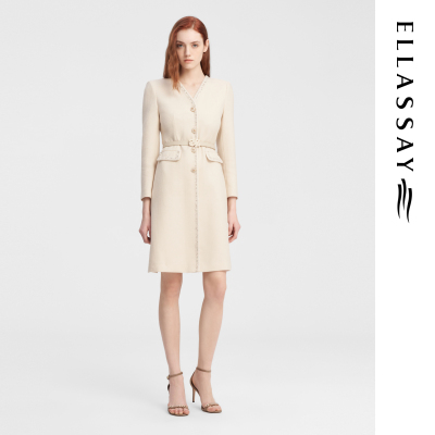 ELLASSAY歌力思秋冬新款华夫绵羊格气质V领连衣裙女EWE343Y06500
