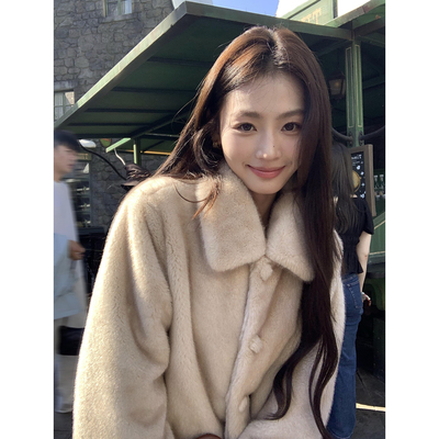 pusumede 初雪约定 气质仿皮草外套女设计感纽扣短款保暖毛毛上衣