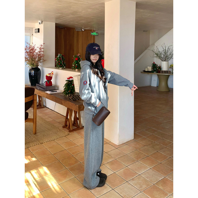 pusumede 自在起居 抓绒连帽拉链运动卫衣外套女休闲针织卫裤套装